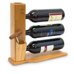Relaxdays - Weinständer für 3 Flaschen h x b x t: 32 x 12 x 34 cm Weinregal zum Hinstellen aus Bambus kleines Flaschenregal mit Platz für Korken und