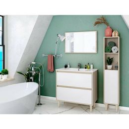 CAESAROO Boden Badezimmerschrank 80 cm Helle Eiche und glänzend Weiß mit Spiegel und Waschtisch Anstrich - Standard