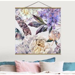 MICASIA Stoffbild mit Posterleisten - Zartes Aquarell Boho Blüten und Federn Muster - Quadrat 1:1 Größe HxB: 80cm x 80cm Material: Eiche