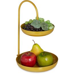 Relaxdays Obst Etagere, 2 stöckig, Metall, HxBxT: 31 x 23 x 20 cm, runde Früchteschale für Obst, Gemüse & Kekse, gold