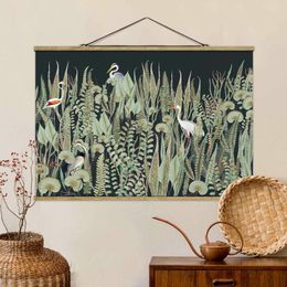 MICASIA Stoffbild mit Posterleisten - Flamingo und Storch mit Pflanzen auf Grün - Querformat 2:3 Größe HxB: 66.5cm x 100cm Material: Eiche