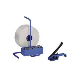 ratioform Umreifungs-Set, PET-Kraftband verleimt, Spanngerät, tragbarer Abroller, Band, Metallklemmen, Bandbreite 13 mm