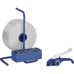 ratioform Umreifungs-Set, PET-Kraftband gewebt, Spanngerät, tragbarer Abroller, Band, Metallklemmen, Bandbreite 25 mm