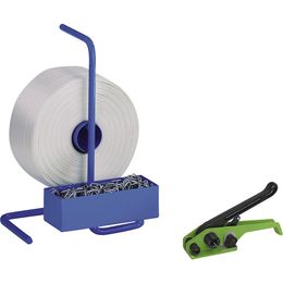 ratioform Umreifungs-Set, PET-Kraftband gewebt, Spanngerät, tragbarer Abroller, Band, Metallklemmen, Bandbreite 13 mm