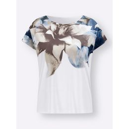WITT Damen Rundhalsshirt mit Bl&uuml;ten-Druck, ecru-hellblau-bedruckt, Gr&ouml;&szlig;e 36