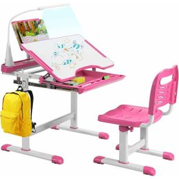 Costway Kinderschreibtisch Set mit Bücherstaender& LED-Licht, hoehenverstellbarer Kindertisch und Stuhl mit gekippter Tischplatte&Schublade, Kinder
