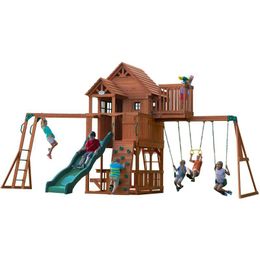 Spielturm Skyfort ii aus Holz xxl Spielhaus für Kinder mit Rutsche, Schaukel, Trapezstange, Kletterwand und Aussichtsturm Stelzenhaus für den Garten