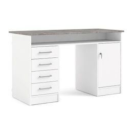 ebuy24 Plus Schreibtisch mit 1 Regal, 4 Schubladen und 1 Tür mit Schloss, weiß / Beton Dekor.
