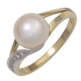 Schmuck Krone Fingerring Ring Süßwasser Perle weiß & 6 Brillanten 0.02Ct W/SI 585 Gold Gelbgold