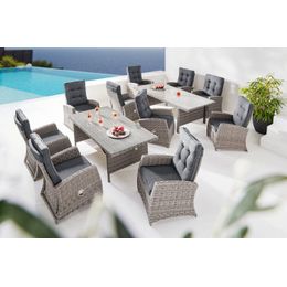 Konifera Garten-Essgruppe Monaco, (Set, 31-tlg., 10x Sessel, 1xTisch 200-366x100x75,5cm, inkl. Auflagen, Polyrattan,Alu), Rückenlehne verstellbar, Tischplatte aus 5mm starkem Sicherheitsglas, grau