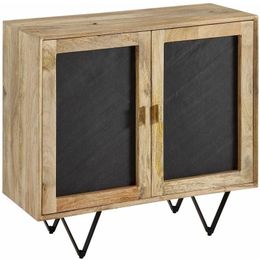 FineBuy Sideboard 80x75x35 cm Mango Massivholz / Stein-Optik Anrichte, Kommode mit 2 Türen, Kleiner Kommodenschrank Holz Massiv, Standschrank