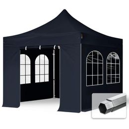 3x3 m Faltpavillon professional Alu 40mm, Seitenteile mit Sprossenfenstern, schwarz - schwarz