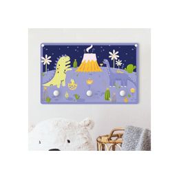 Bilderdepot24 Garderobenpaneel violett Illustration Tiere Dinosaurier Der Vulkanausbruch (Kindergarderobe Holz Kleiderhaken für die Wand inkl. Montagematerial)