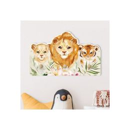 Bilderdepot24 Garderobenpaneel orange Wasserfarben Illustration Tiere Aquarell Raubkatzen Tiger Löwen (Kindergarderobe Holz Kleiderhaken für die Wand inkl. Montagematerial)