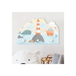 Bilderdepot24 Garderobenpaneel pastell Tiere Leuchtturm und Wale (Kindergarderobe Holz Kleiderhaken für die Wand inkl. Montagematerial)