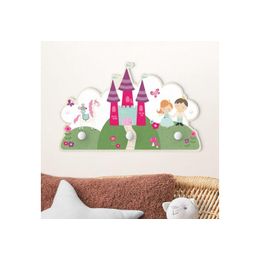 Bilderdepot24 Garderobenpaneel pink Illustration Märchenschloss mit Prinz und Prinzessin (Kindergarderobe Holz Kleiderhaken für die Wand inkl. Montagematerial)