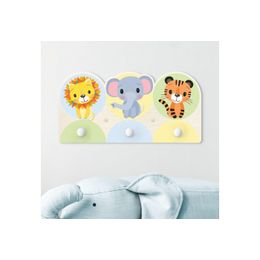 Bilderdepot24 Garderobenpaneel pastell Muster Tiere Löwe Elefant Tiger (Kindergarderobe Holz Kleiderhaken für die Wand inkl. Montagematerial)