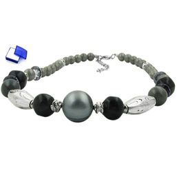 unbespielt Collier Kette olive chrome Kunststoff-Perlen silbergrau 45 cm