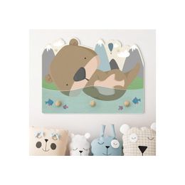 Bilderdepot24 Garderobenpaneel blau Illustration Tiere Schwimmender Baby Otter (Kindergarderobe Holz Kleiderhaken für die Wand inkl. Montagematerial)