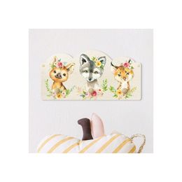 Bilderdepot24 Garderobenpaneel orange Wasserfarben Illustration Tiere Aquarell Waldtiere Blumen II (Kindergarderobe Holz Kleiderhaken für die Wand inkl. Montagematerial)