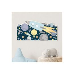 Bilderdepot24 Garderobenpaneel blau Illustration Weltall Himmel Sterne Rakete und Planeten (Kindergarderobe Holz Kleiderhaken für die Wand inkl. Montagematerial)