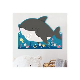 Bilderdepot24 Garderobenpaneel grau Illustration Tiere Grinsender Hai im Meer (Kindergarderobe Holz Kleiderhaken für die Wand inkl. Montagematerial)