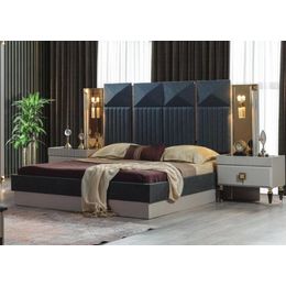 JVmoebel Schlafzimmer-Set Moderne Schlafzimmer Möbel Designer Graues Bett 2x Holz Nachttische
