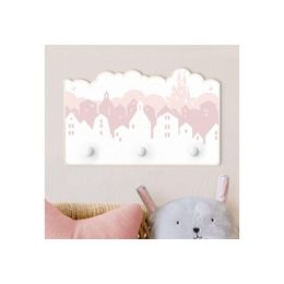 Bilderdepot24 Garderobenpaneel weiss Stadt Wolkenschloss in rosa (Kindergarderobe Holz Kleiderhaken für die Wand inkl. Montagematerial)