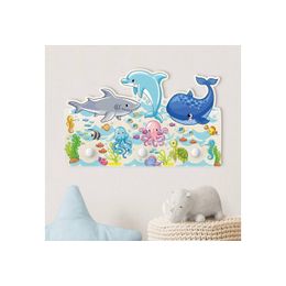 Bilderdepot24 Garderobenpaneel blau Tiere Unterwasserwelt Fisch Set (Kindergarderobe Holz Kleiderhaken für die Wand inkl. Montagematerial)
