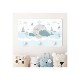 Bilderdepot24 Garderobenpaneel weiss Illustration Tiere Wolken mit Wal und Schloss (Kindergarderobe Holz Kleiderhaken für die Wand inkl. Montagematerial)