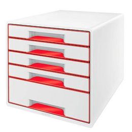 Leitz Schubladenbox WOW Cube perlweiß/rot 52142026, DIN A4 mit 5 Schubladen