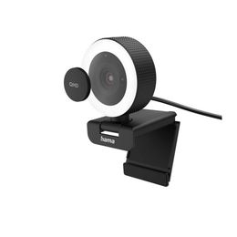 Hama PC Kamera, Webcam mit Ringlicht und Fernbedienung, Streaming, Gaming Full HD-Webcam (QHD, Beleuchtung, Neigbar, Drehbar, Mikrofon, LED Status, Farbe Schwarz), schwarz