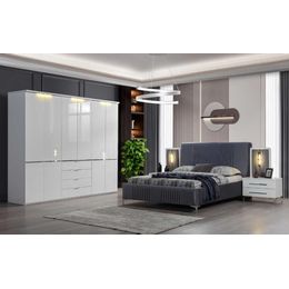 JVmoebel Schlafzimmer-Set Weiß-Graue Schlafzimmer Textilbett Nachttisch Kleiderschrank 4tlg