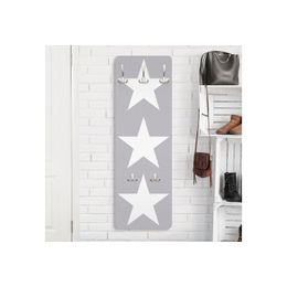 Bilderdepot24 Garderobenpaneel Design Kinder Muster Weltall Himmel Sterne Große weiße Sterne auf grau (ausgefallenes Flur Wandpaneel mit Garderobenhaken Kleiderhaken hängend)