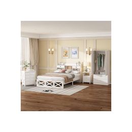 Odikalo Komplettschlafzimmer Doppelbett Holzbett 2*Nachttisch Kommode Kleiderschrank 140x200cm Weiß