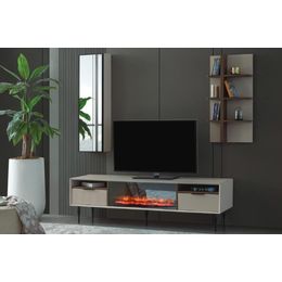 JVmoebel Wohnwand Beige Wohnwand Designer TV-Schrank Wandregal Luxus Holz Regal 3tlg Set