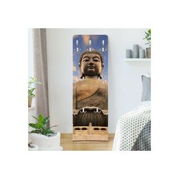 Bilderdepot24 Garderobenpaneel beige Spirituell Großer Buddha Design (ausgefallenes Flur Wandpaneel mit Garderobenhaken Kleiderhaken hängend)