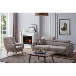 JVmoebel Wohnzimmer-Set Grau Wohnzimmer Dreisitzer Sofa Modern Sessel Holz Couchtisch