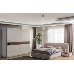 JVmoebel Schlafzimmer-Set Beiges Textil Doppelbett Holz Kleiderschrank Moderne Nachttische