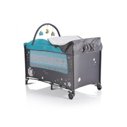 Moni Reisebett Sleepy Rollen, Wickelauflage, Matratze, Spielbogen, Seiteneingang grau t&uuml;rkis