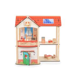Moni Holz-Puppenhaus Elly 11 M&ouml;belst&uuml;cke, 2 Etagen, 4 Zimmer, T&uuml;re, K&uuml;che, Bad rot