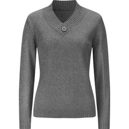 Damen Langarm-Pullover mit V-Ausschnitt graphit-hellgrau-meliert, Gr&ouml;&szlig;e 48