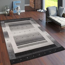 Teppich Wohnzimmer Kurzflor Ethno Design Geometrisch Handgearbeitet Gabbeh 160x230 cm, Grau 2 - Paco Home