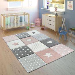 Paco Home - Kinderteppich Kinderzimmer Teppich Kurzflor Herz Punkte Rosa Grau Weiß 240x340 cm