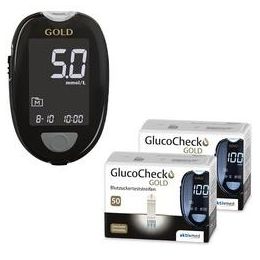 GlucoCheck GOLD Set (mmol/L) zur Kontrolle des Blutzuckers mit 110 Teststreifen