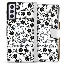 DeinDesign Handyhülle Peanuts Blumen Snoopy Snoopy Black and White This Is The Life, Samsung Galaxy S21+ 5G Hülle Handy Flip Case Wallet Cover, weiß
