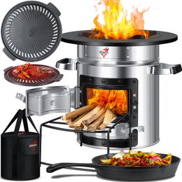 Kesser® Raketenofen Inkl. Grillpfanne aus Gusseisen mit Tragetasche, Dutch Oven BBQ Rakete Holzofen Camping Campingkocher Campinggrill, Edelstahl