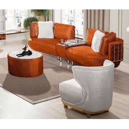 JVmoebel Wohnzimmer-Set Oranges Wohnzimmer Sofa mit Tisch Sessel Luxuriöser Couchtisch Set