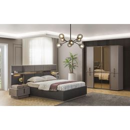 JVmoebel Schlafzimmer-Set Doppelbett Komplette Schlafzimmer Bett 4tlg Grau Nachttische Schrank