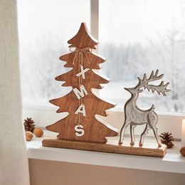 Home-trends24.de Weihnachtsfigur Weihnachtsdeko Tanne Hirsch Mangoholz Silber Weihnachtsfigur XMAS